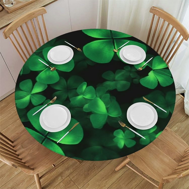 Ulloord Round Fitted Tablecloth, Green Clovers Elastic Edge Table Cover ...