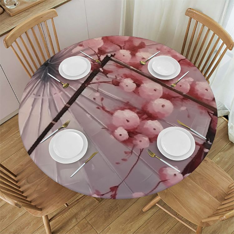 Ulloord Round Fitted Tablecloth Oil Painting Cherry Blossom Japanese ...