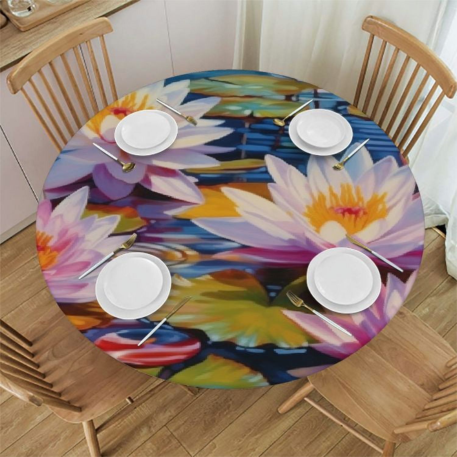 Ulloord Round Fitted Tablecloth Oil Painting Lotus Flower Table Cloth ...