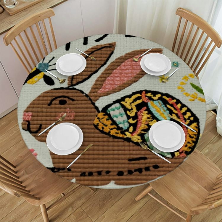 Ulloord Round Fitted Tablecloth, Rabbit Floral Elastic Edge Table Cover ...