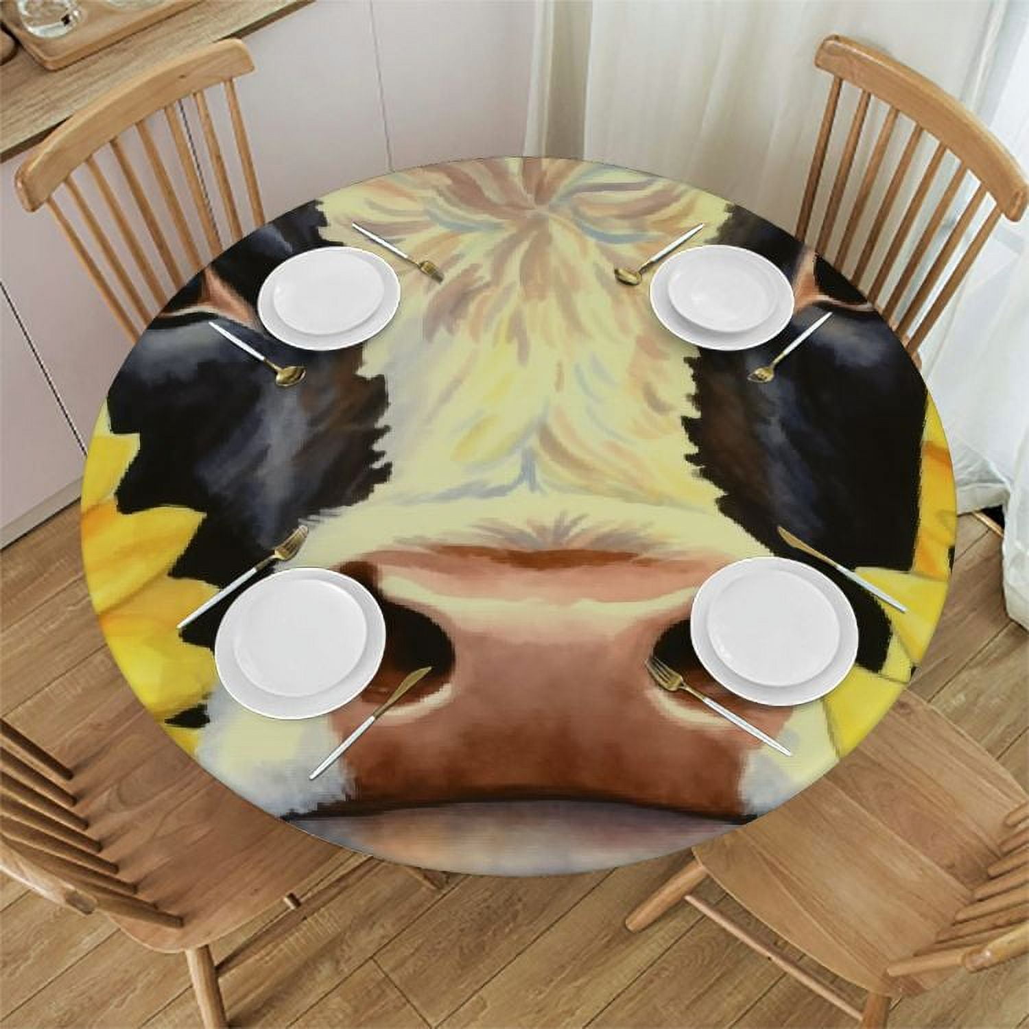 Ulloord Round Fitted Tablecloth Sunflower Animal Cute Cow Print Table ...