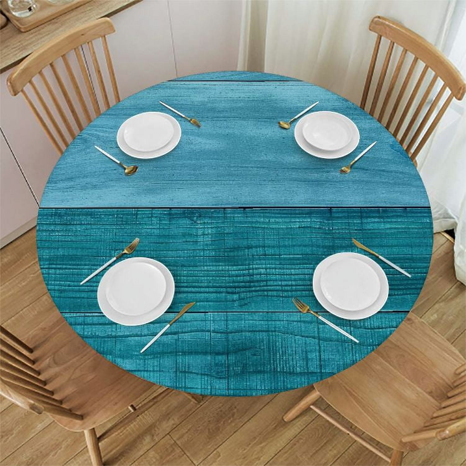 Ulloord Round Fitted Tablecloth Teal Wood Texture Table Cloth with ...