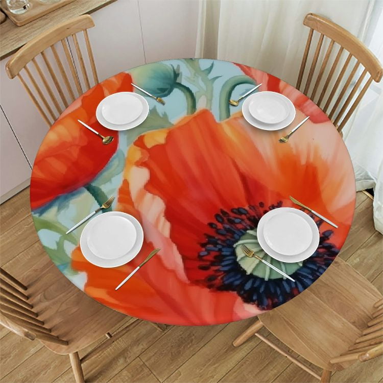 Ulloord Round Fitted Tablecloth Watercolor Floral Poppy Leaves Table ...