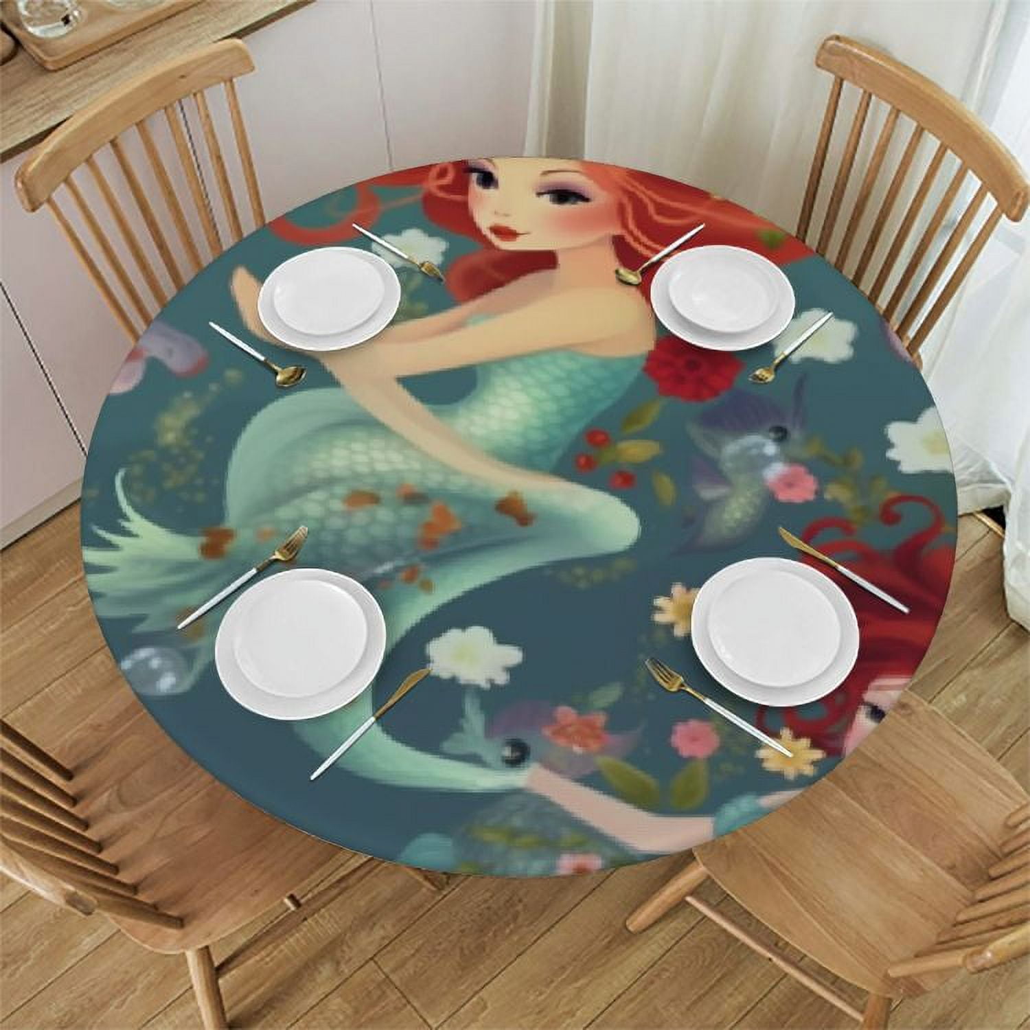 Ulloord Round Table Cloth Cute Mermaid and Turtle Fish Tablecloth ...