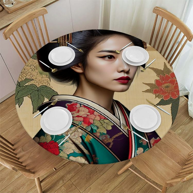 Ulloord Round Tablecloth Fitted Table Cover with Elastic Edged Japanese ...