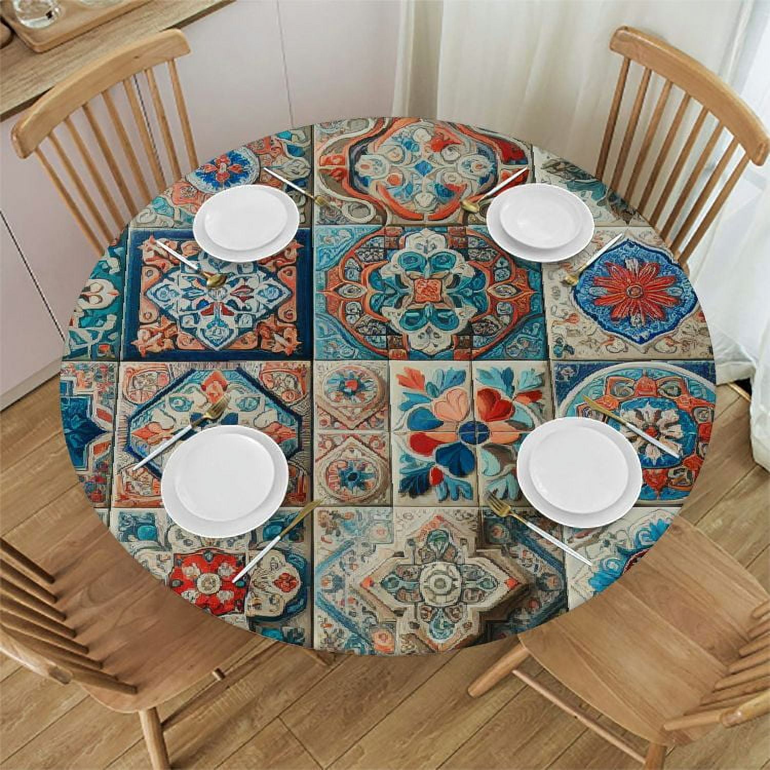 Ulloord Round Tablecloth Fitted Table Cover with Elastic Edged Talavera ...