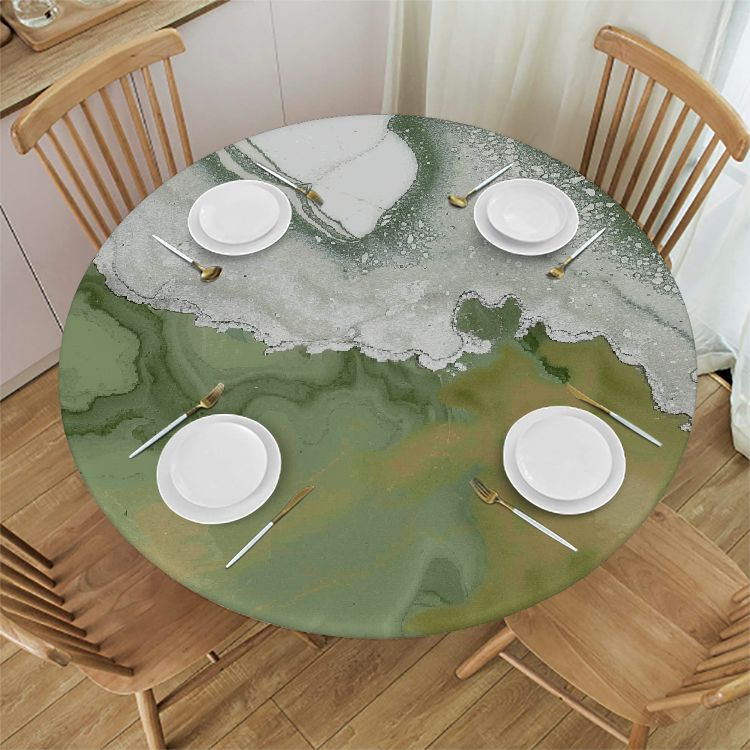 Ulloord Round Tablecloth Fitted Waterproof Table Cover Sage Green White ...