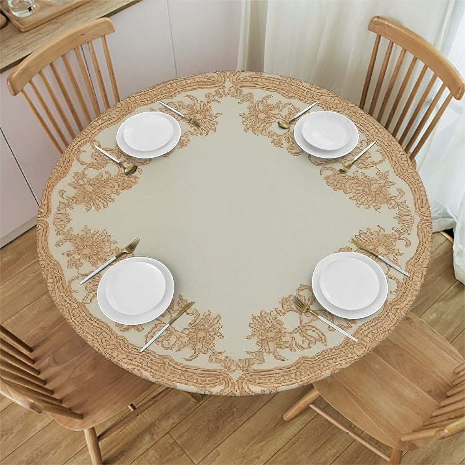 Ulloord Round Vinyl Fitted Tablecloth, Beige Print Polyester Table ...