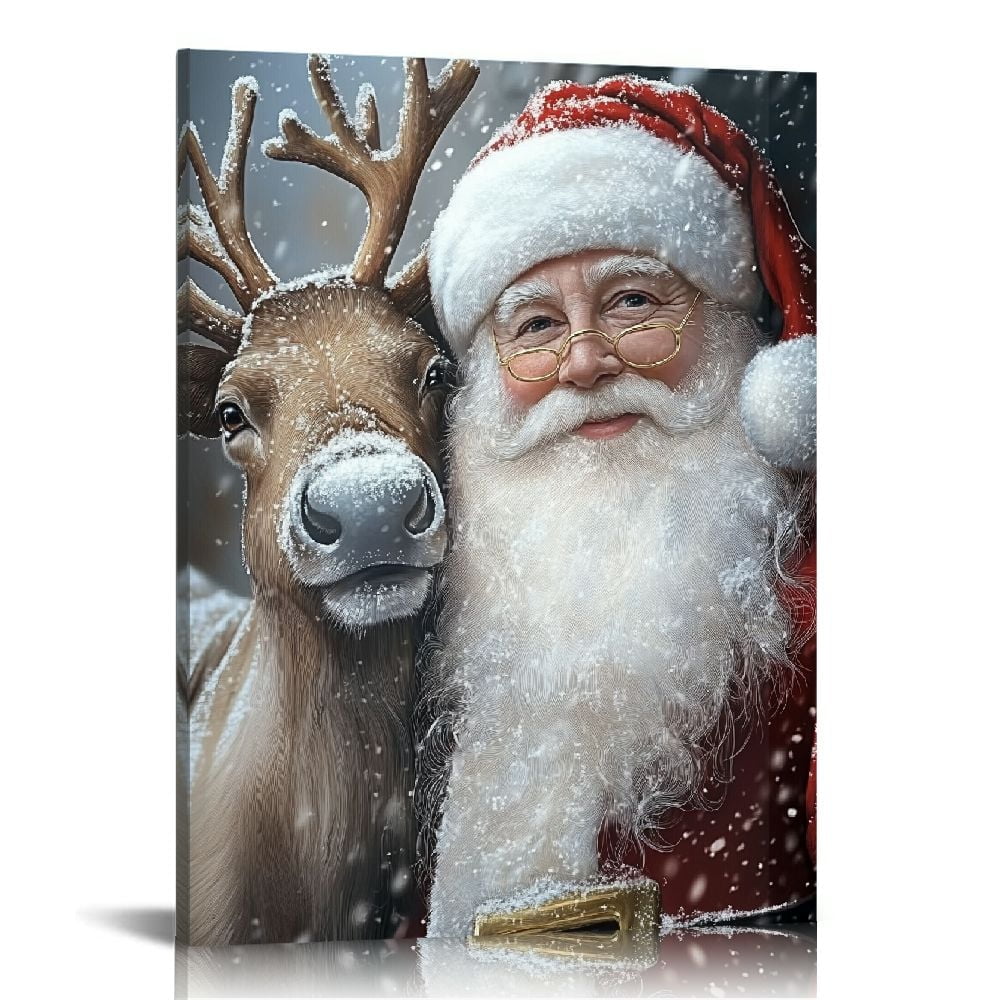 Ulloord Santa Claus Canvas Wall Art Christmas Wall Santa with Reindeer ...