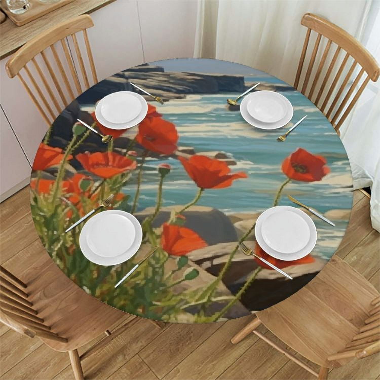 Ulloord Sea Flower Round Fitted Tablecloth with Elastic Edge Fitted ...
