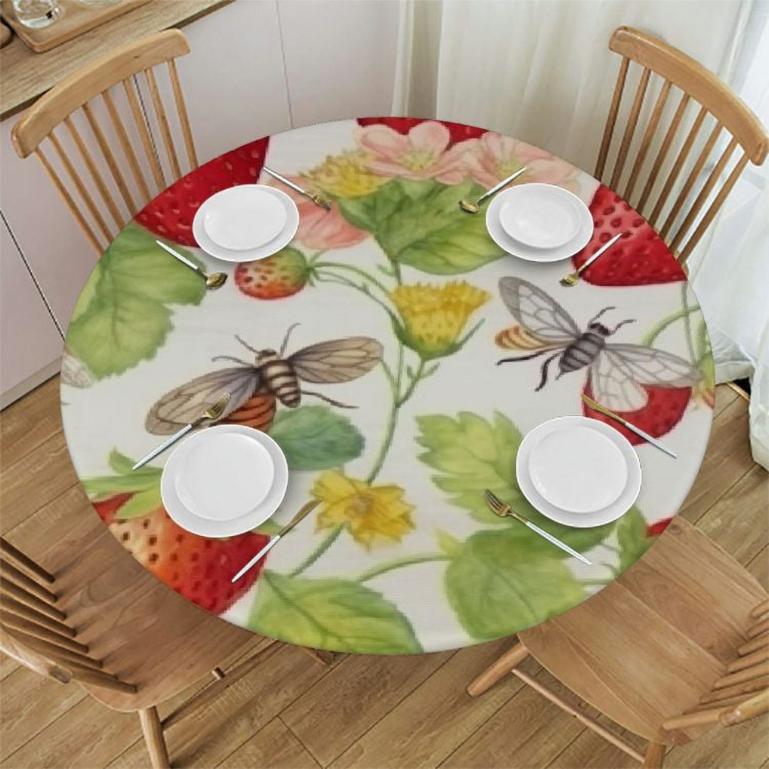 Ulloord Strawberry Leaves Round Fitted Tablecloth, Butterfly Bee ...