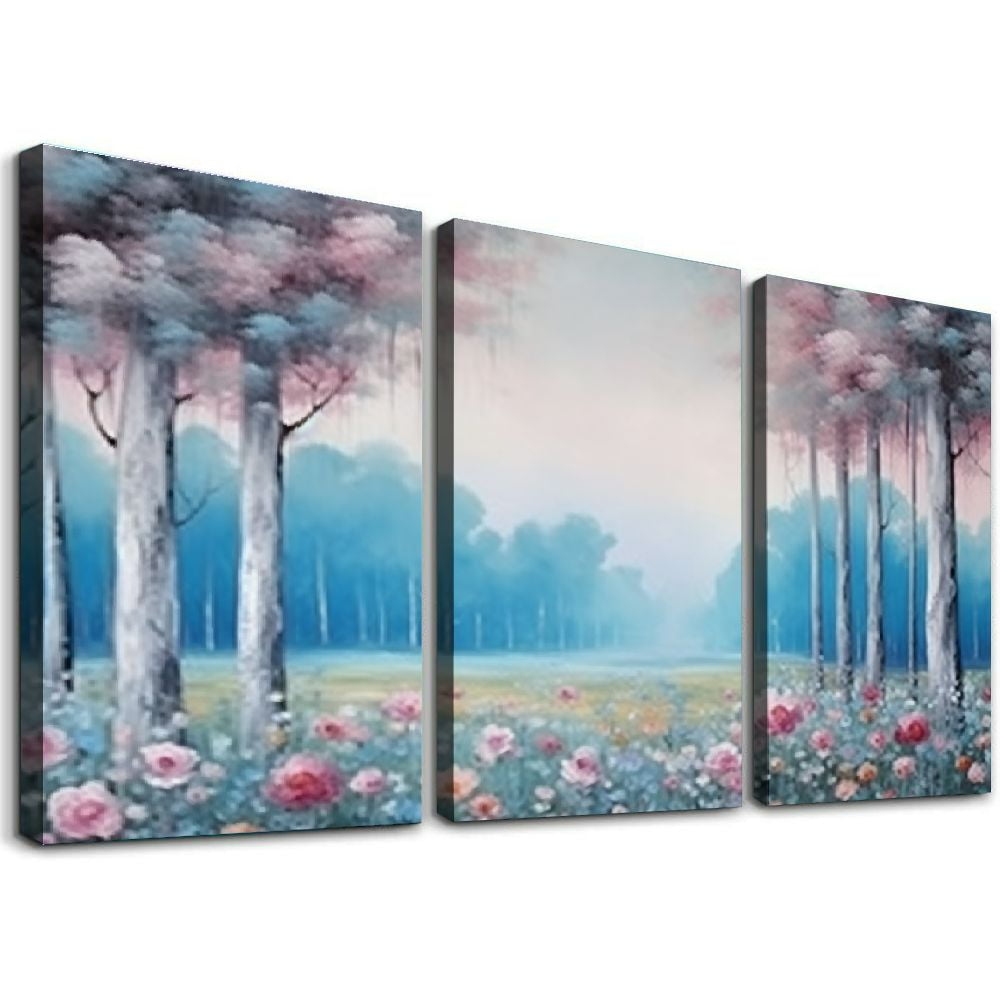Ulloord Teal Tree Wall Art - Blue and White Nature Scenery Foggy Forest ...