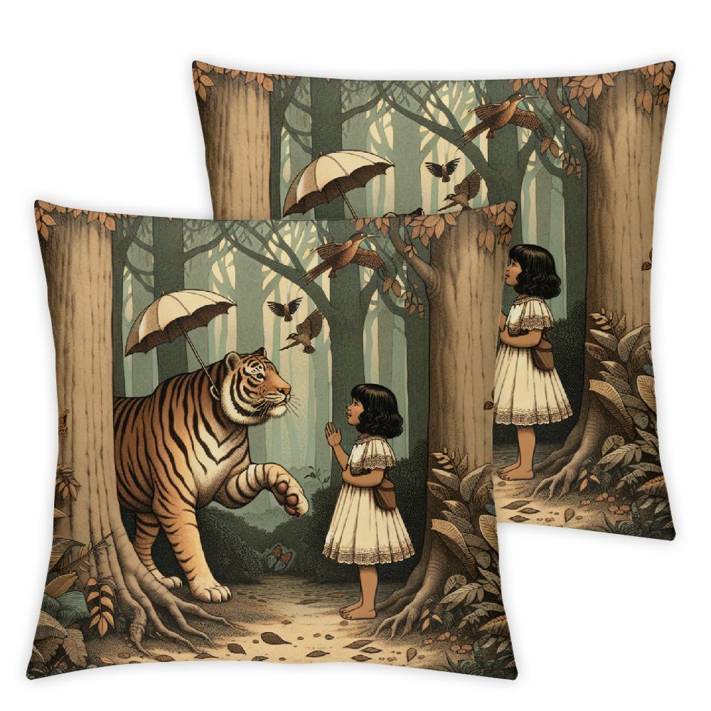 Ulloord Throw Pillow Covers Cute Girl and Tiger Animal Cartoon Woodland ...