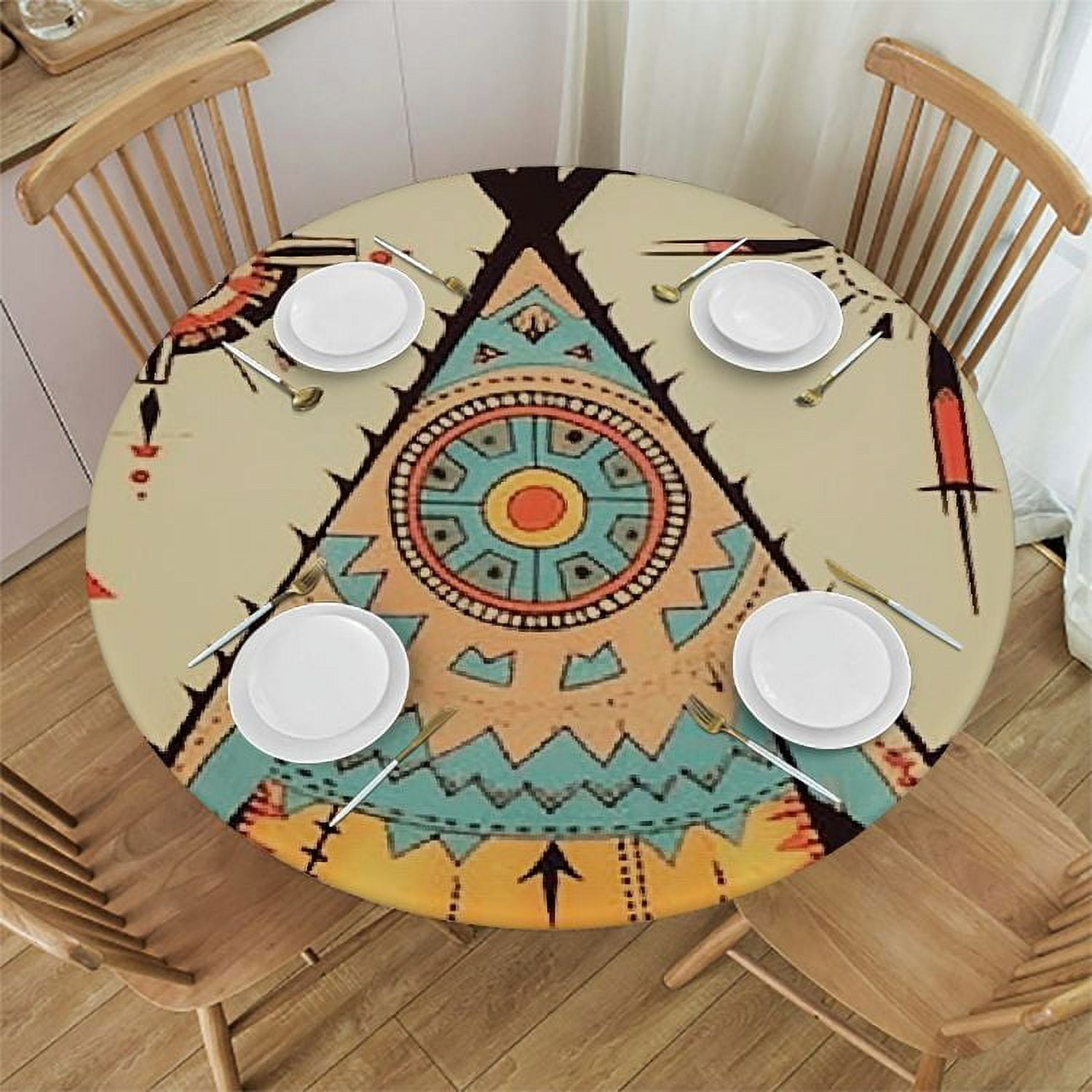 Ulloord Tribal Round Tablecloth with Elastic Edges, Tent with Ancient ...