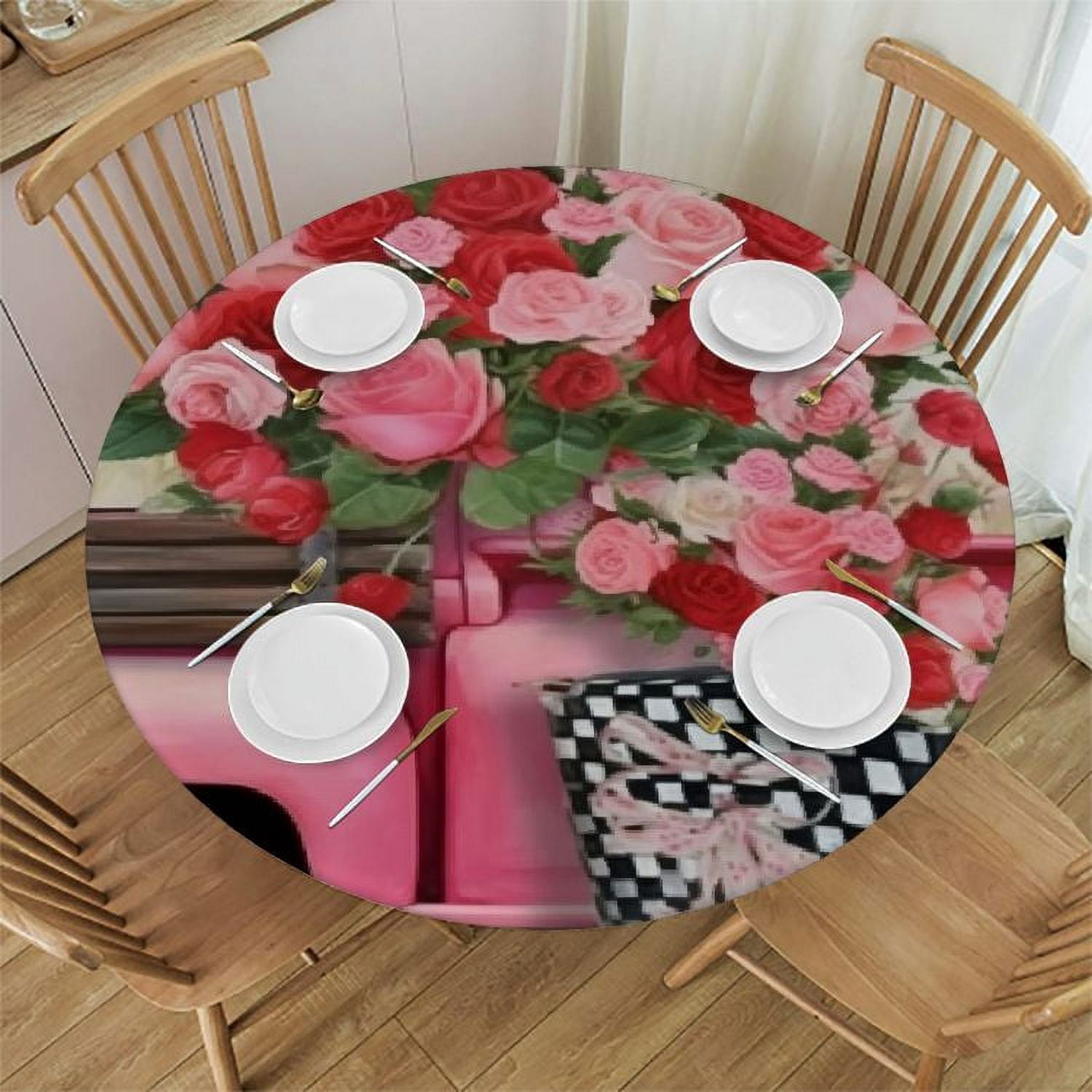Ulloord Valentine's Day Round Fitted Table Cover for Dining Tables ...