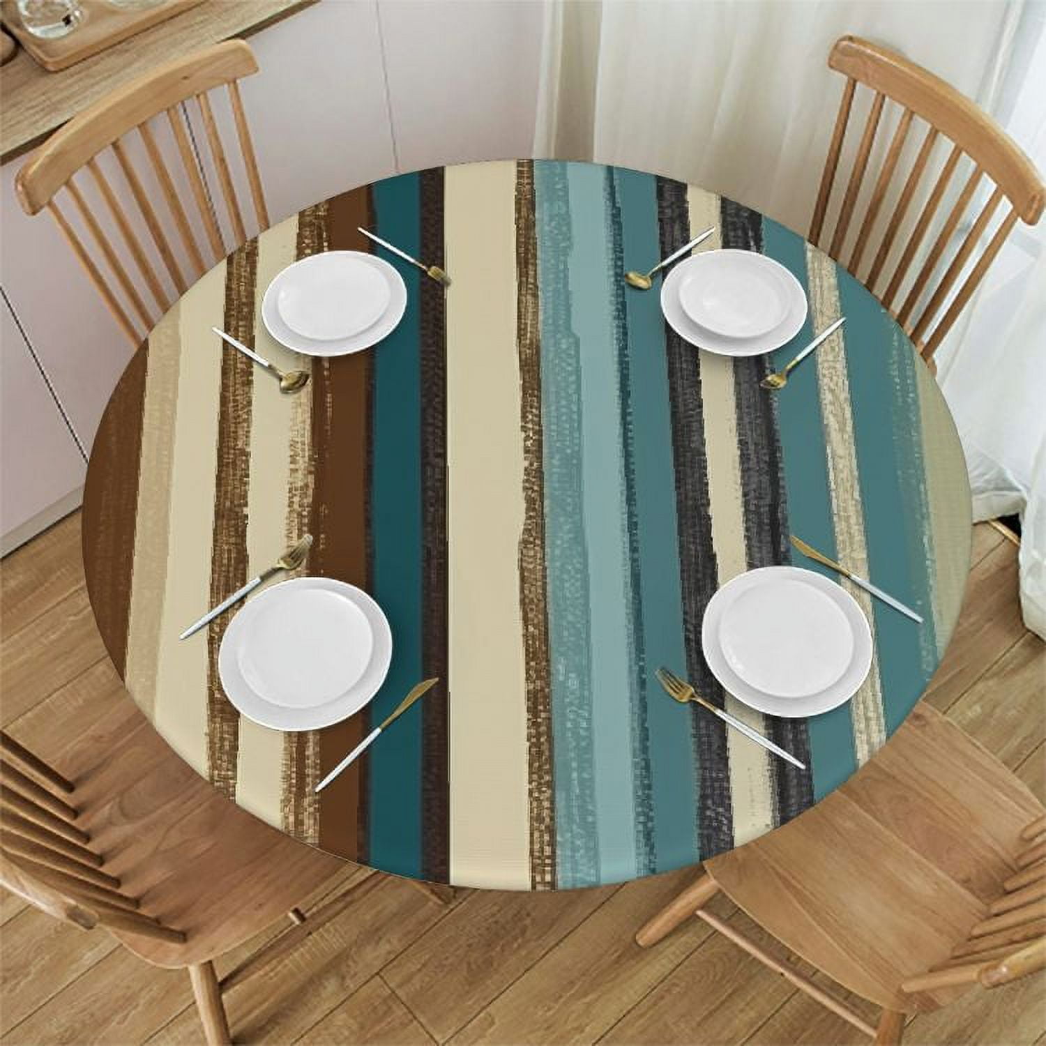 Ulloord Waterproof Round Fitted Table Cover, Boho Style Stripe Vertical ...