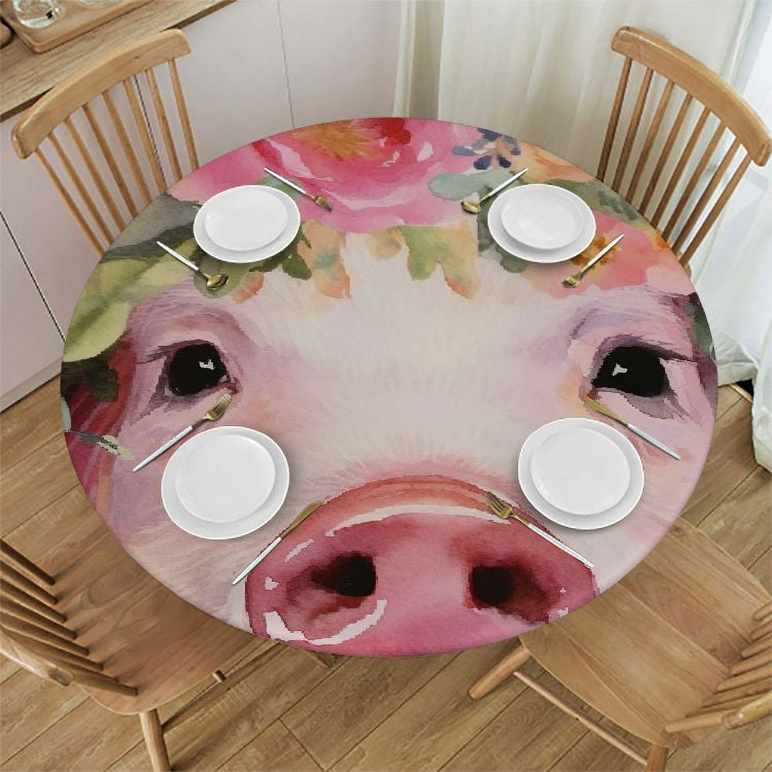 Ulloord Waterproof Round Fitted Table Cover, Farm Pig Retro Wood ...