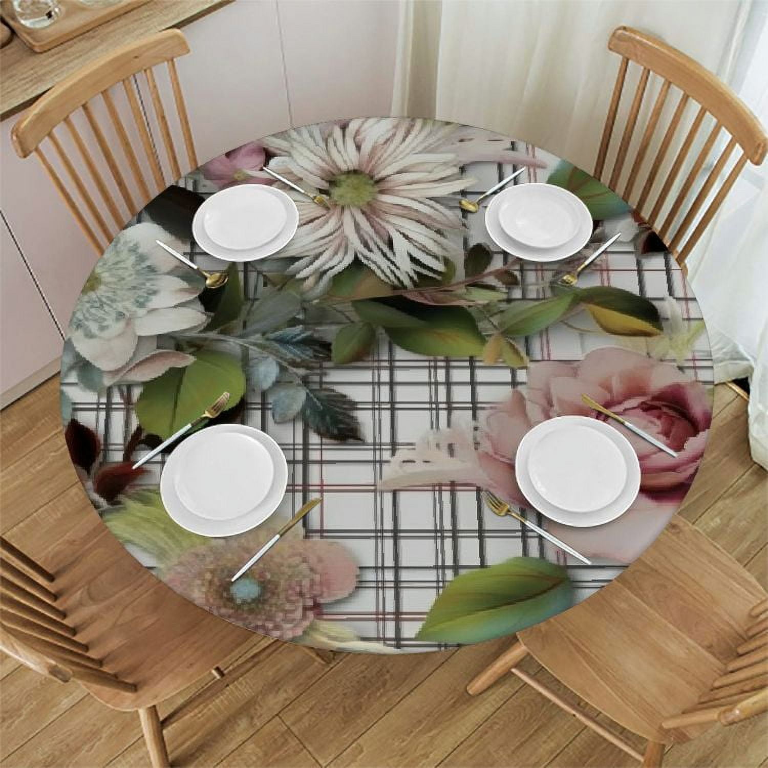 Ulloord Waterproof Round Fitted Table Cover, Flowers and Leaves Tile ...