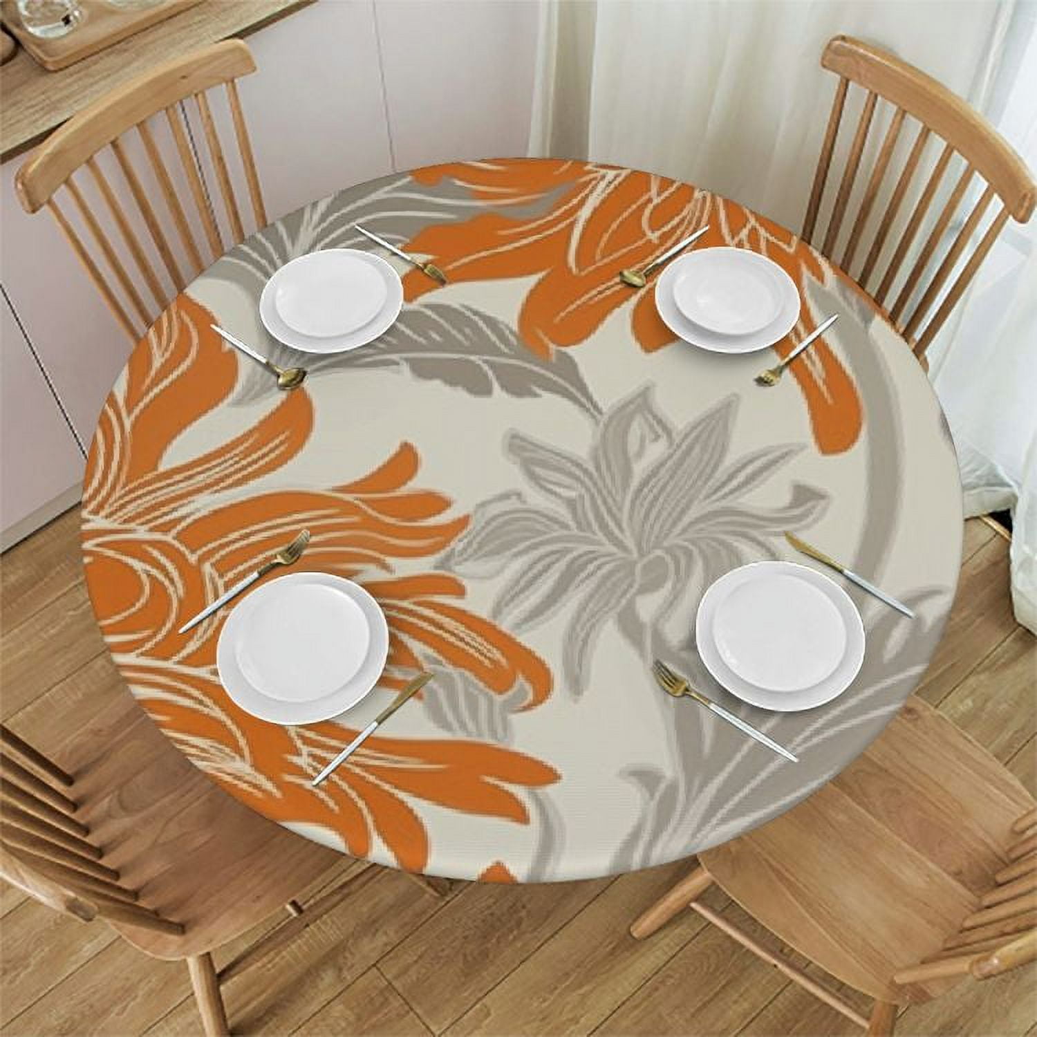 Ulloord Waterproof Round Fitted Table Cover, Gray Orange Chrysanthemu ...