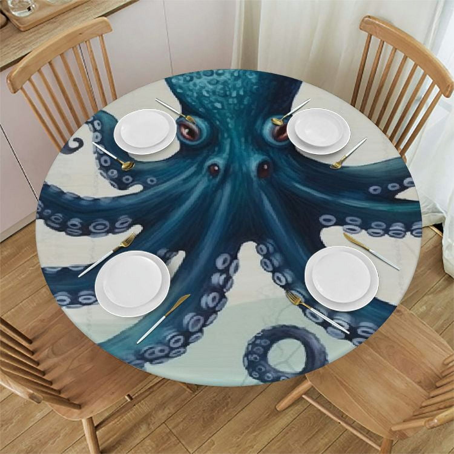 Ulloord Waterproof Round Fitted Table Cover, Ocean Stripes Seaweed ...