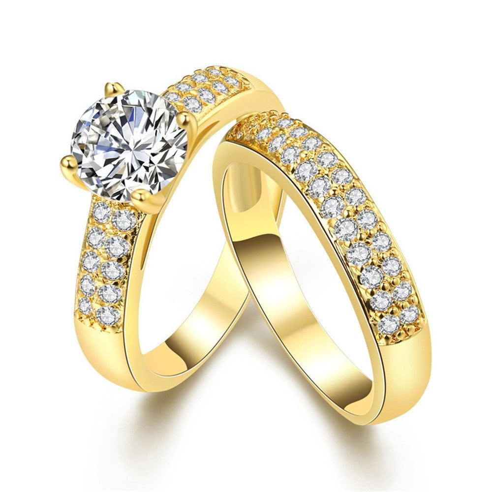 Uloveido 2pc Gold Plated Wedding Band Solitaire Bridal Rings Set, Round ...