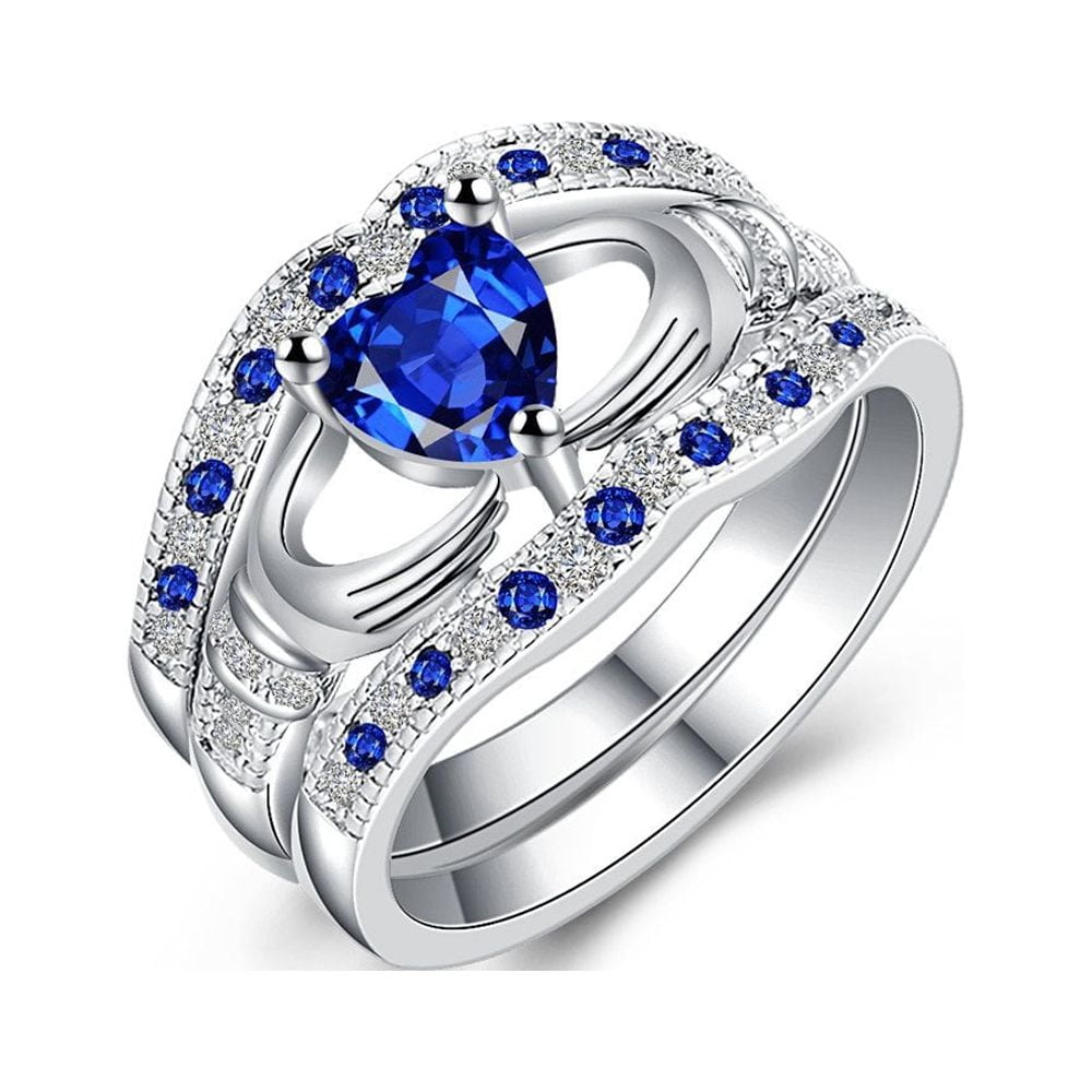Uloveido 3 Piece Stackable Blue Heart Rings Set, Lab Sapphire CZ Cubic ...