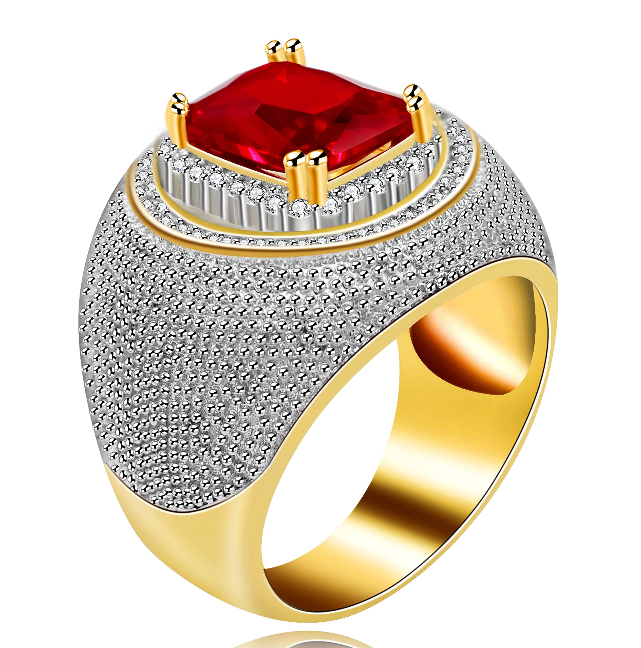 Uloveido Men s Gold Plated Rectangle Shape Red CZ Large Stone Ring Round Wedding Engagement Band Promise Ring for Him Y587 Size 9