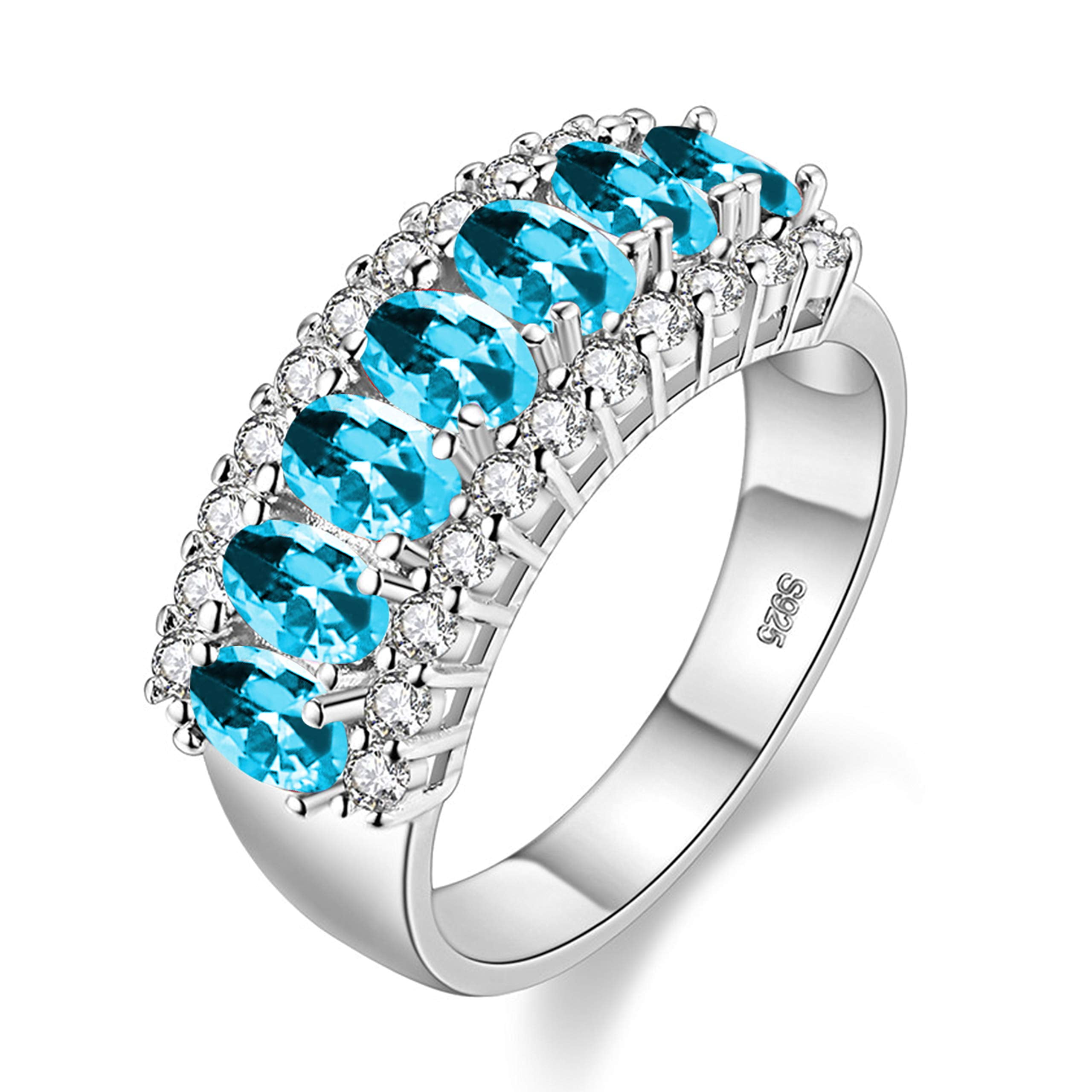 Uloveido Platinum Plated Oval Light Blue Cubic Zirconia 7 Stones ...