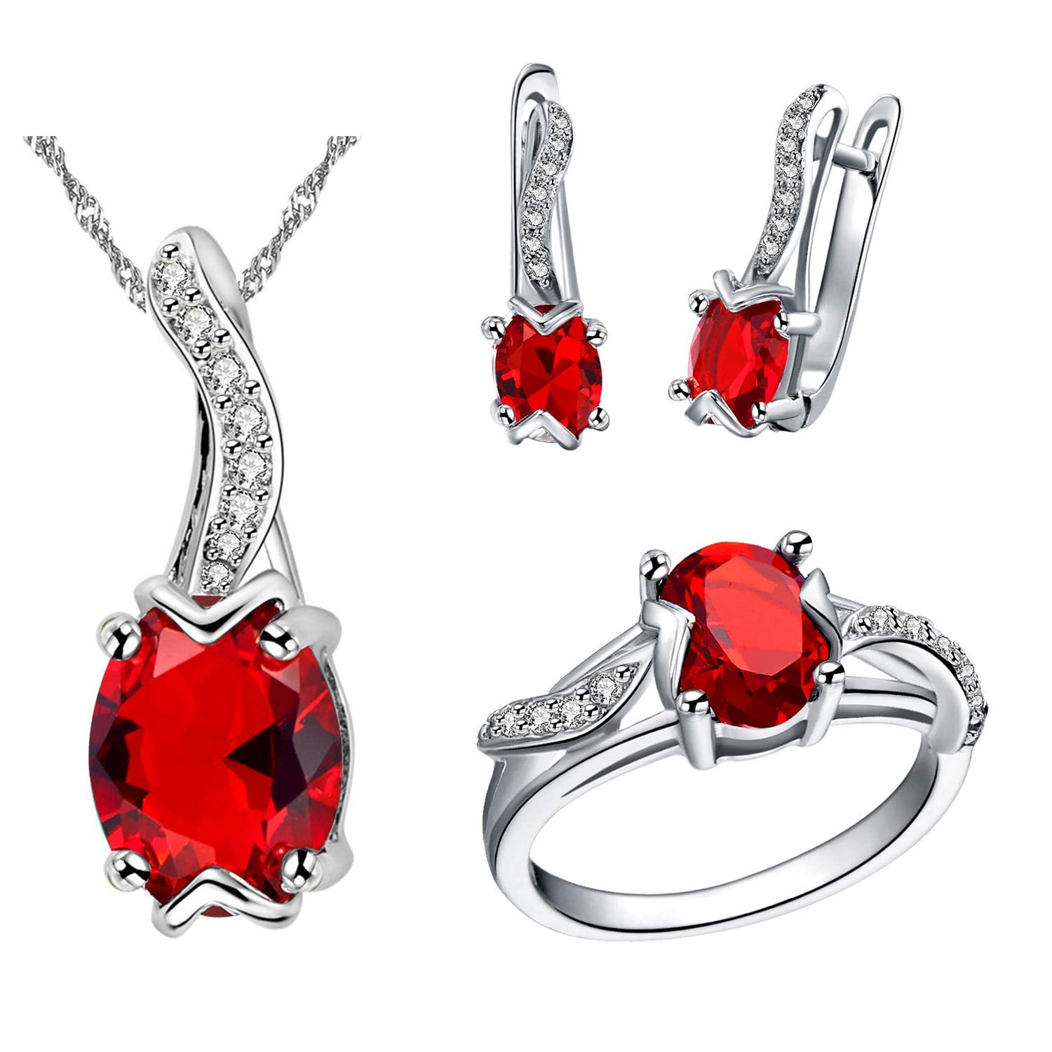 Uloveido Platinum Plated Red Crystal Pendant Necklace U Hoop Earrings ...