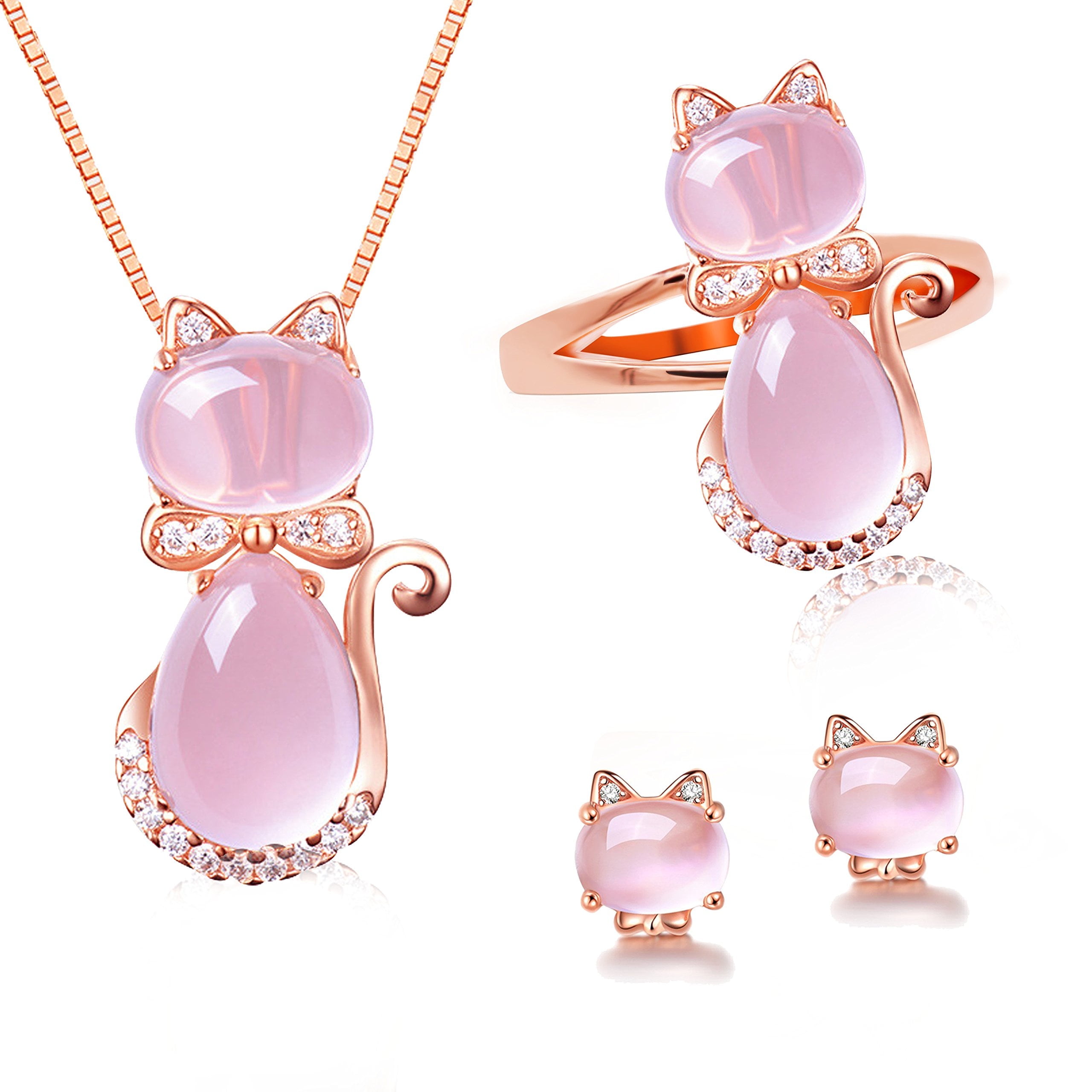 Uloveido Simulated Pink Opal Cat's Eye Stud Earrings Necklace Ring Rose ...