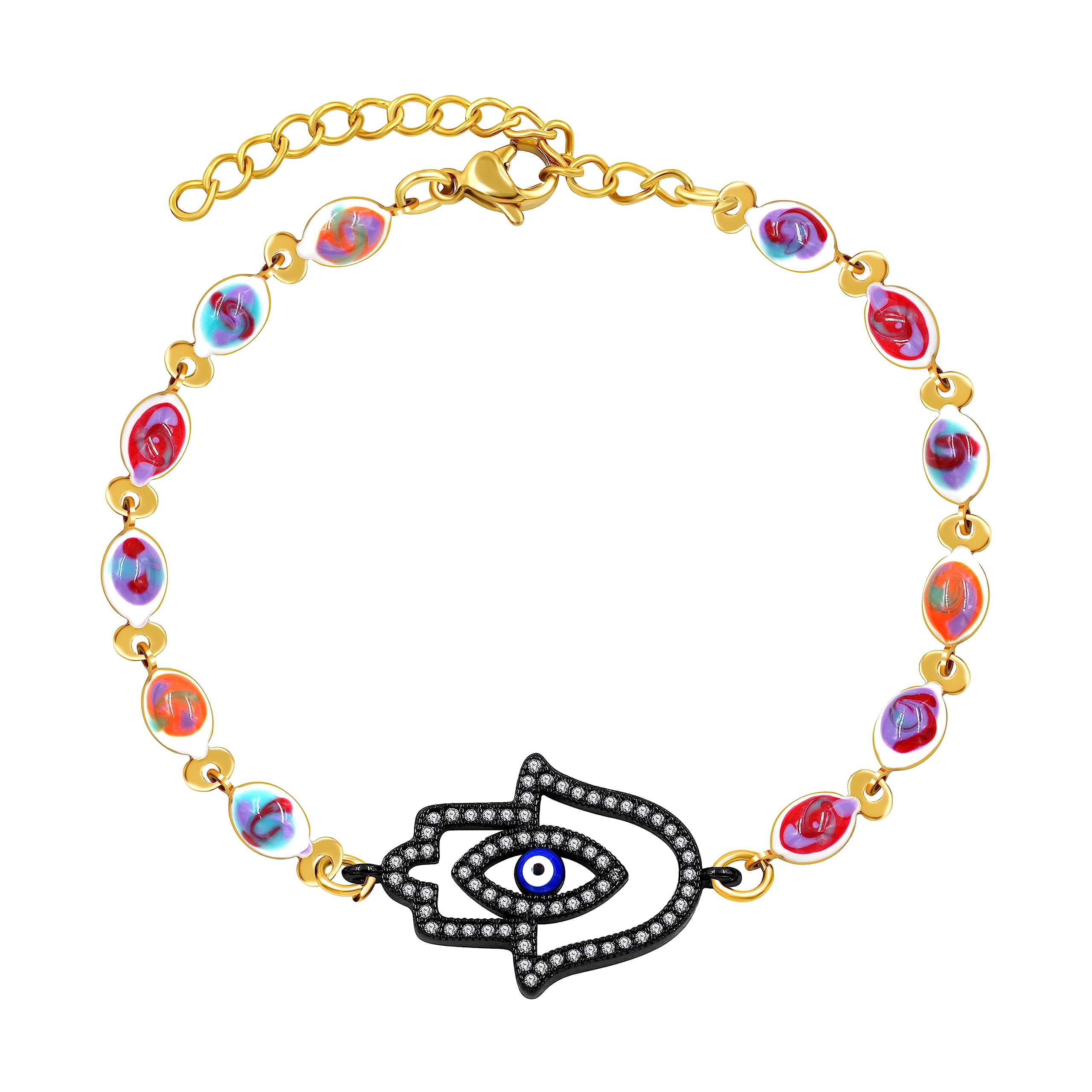 Uloveido Stainless Steel Evil Eye Chain Bracelet Cubic Zirconia Hamsa Hand Fatima Blue Eye ...