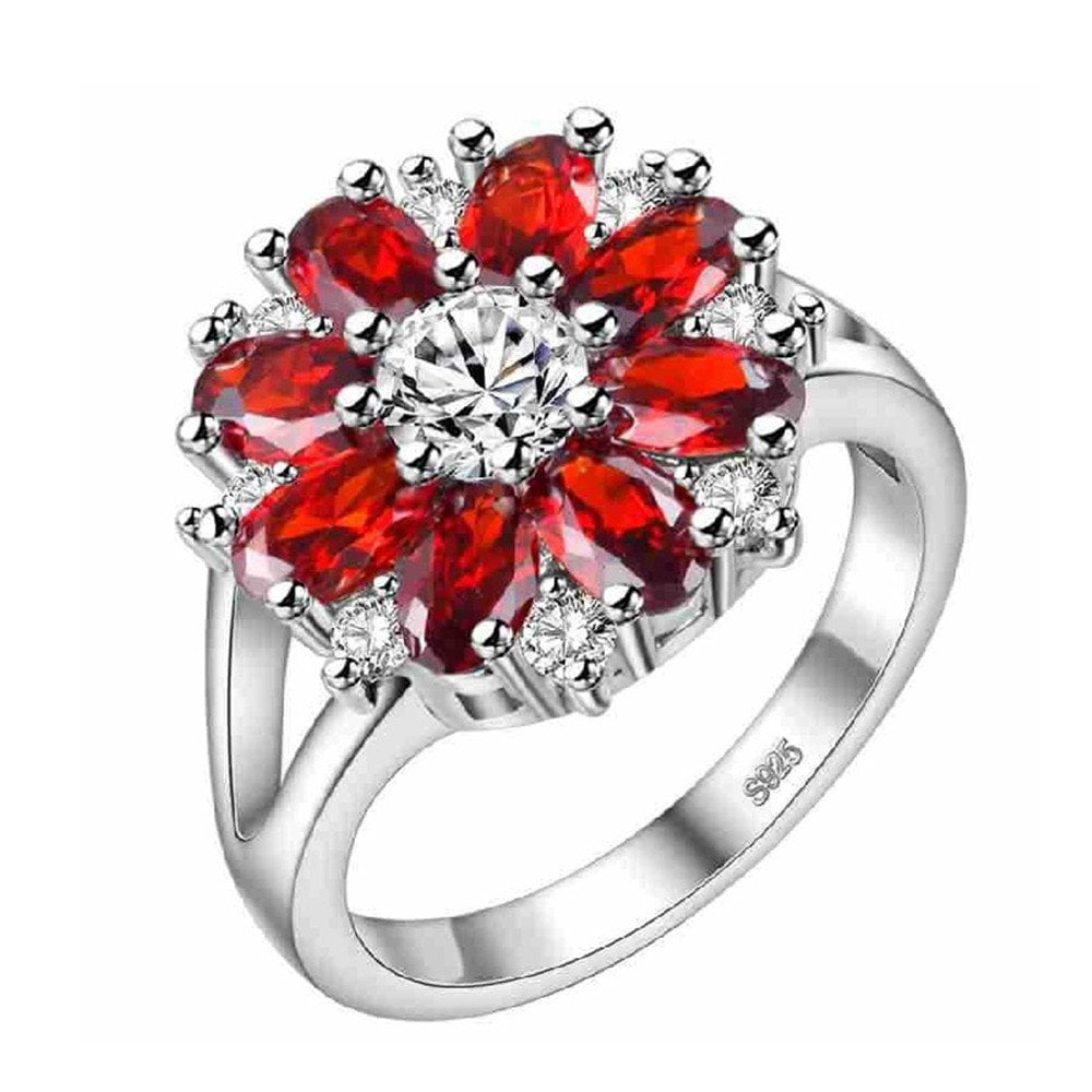 Uloveido White Gold Plated Women Flower Ring with Red Stone for Bridal ...