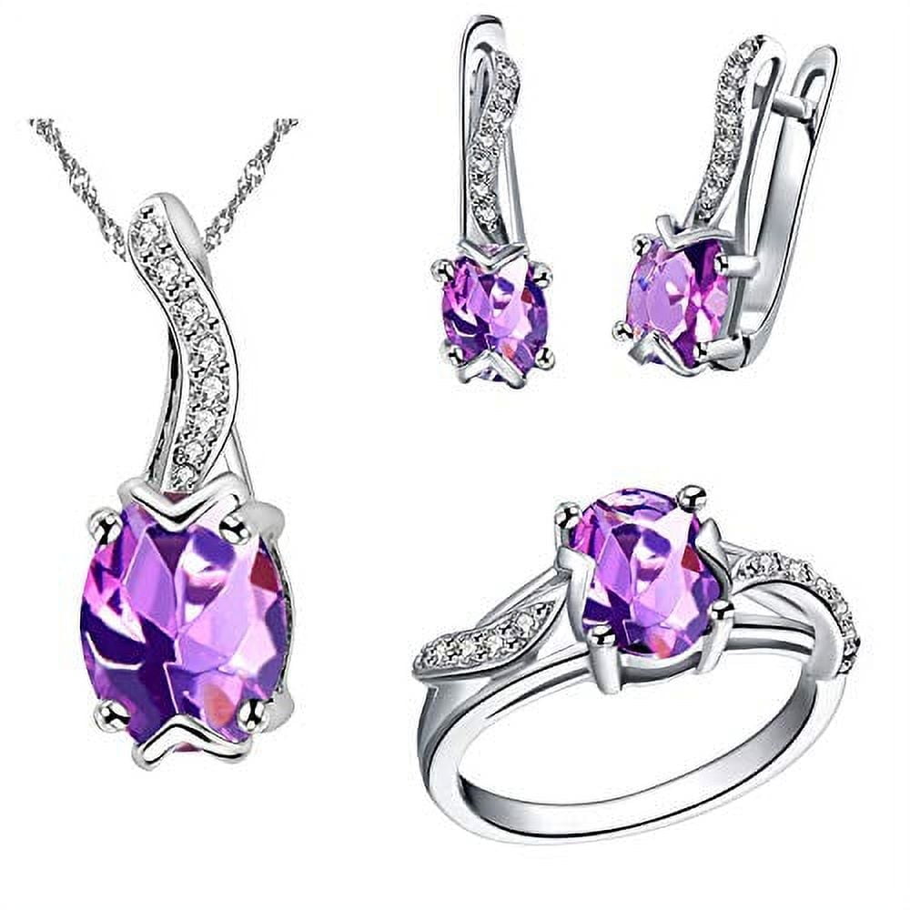 Uloveido Women Romantic Purple Crystal Pendant Necklace Oval Cut Clip ...