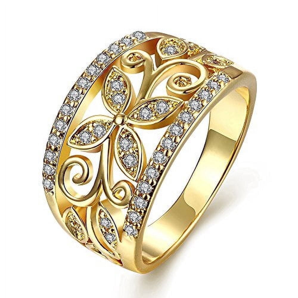 Uloveido Gold Plated Flower Ring, Wide Hollow Band, Cubic Zirconia ...
