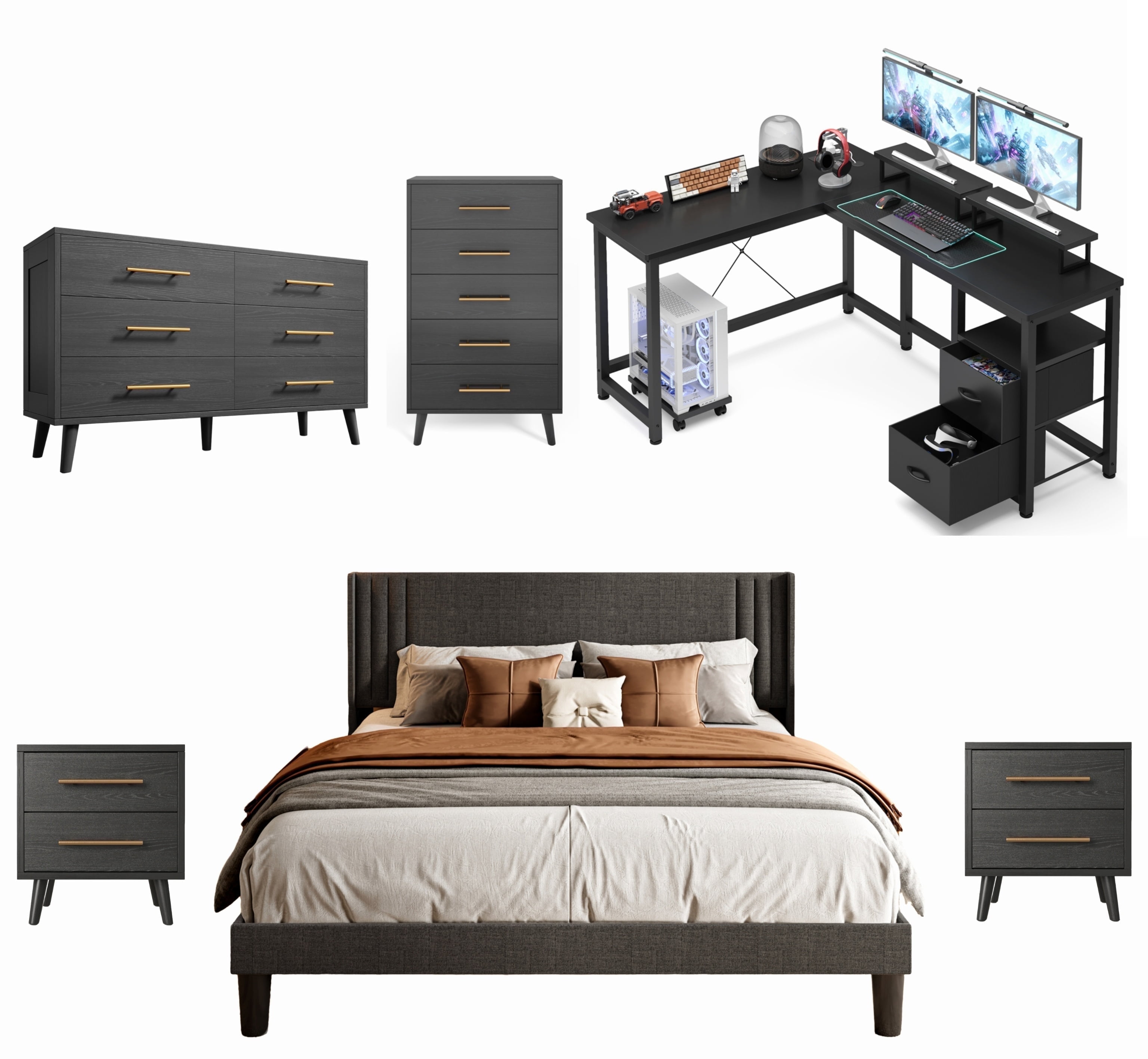 Ultimate Black Office/Gaming Bedroom Set: Complete Setup with L-Desk ...