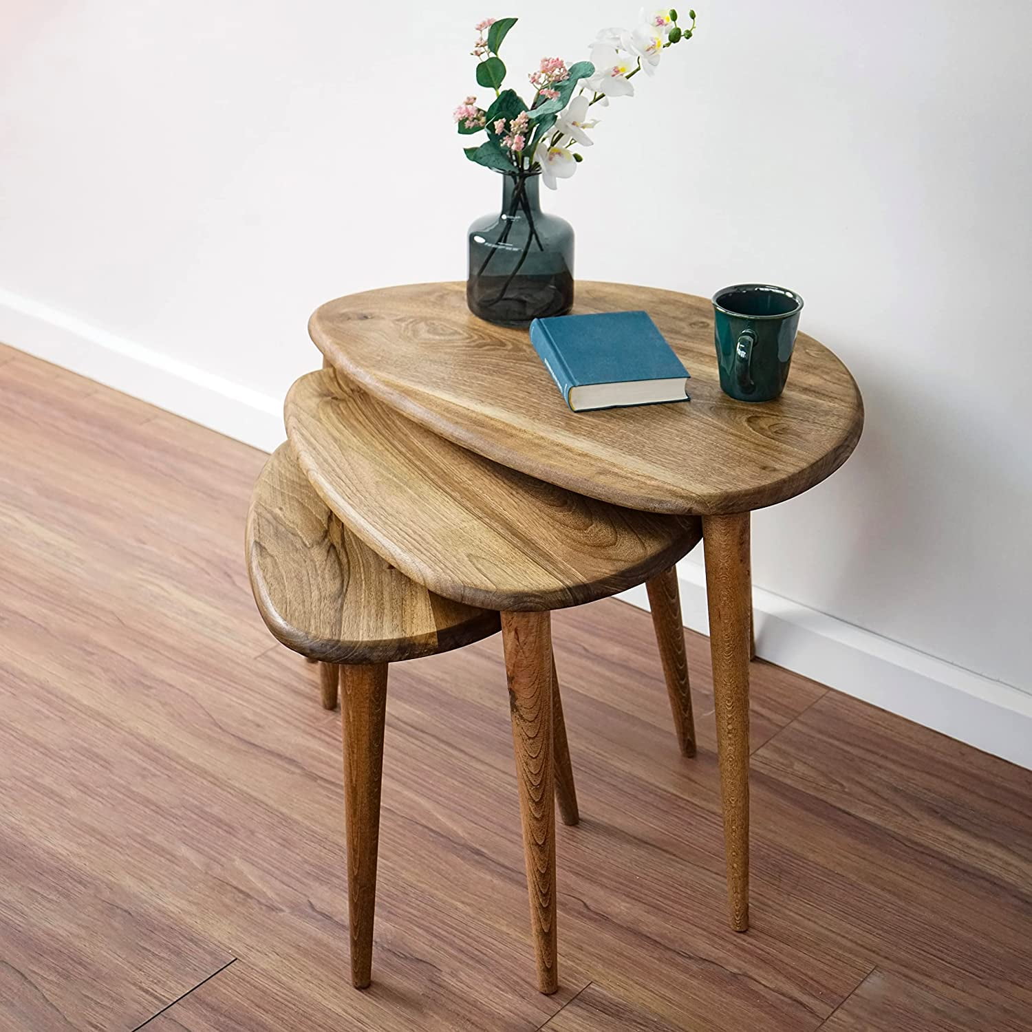 Premium Walnut Nesting Table Set of 3 Living Room Side Tables with Tapered Legs Walmart