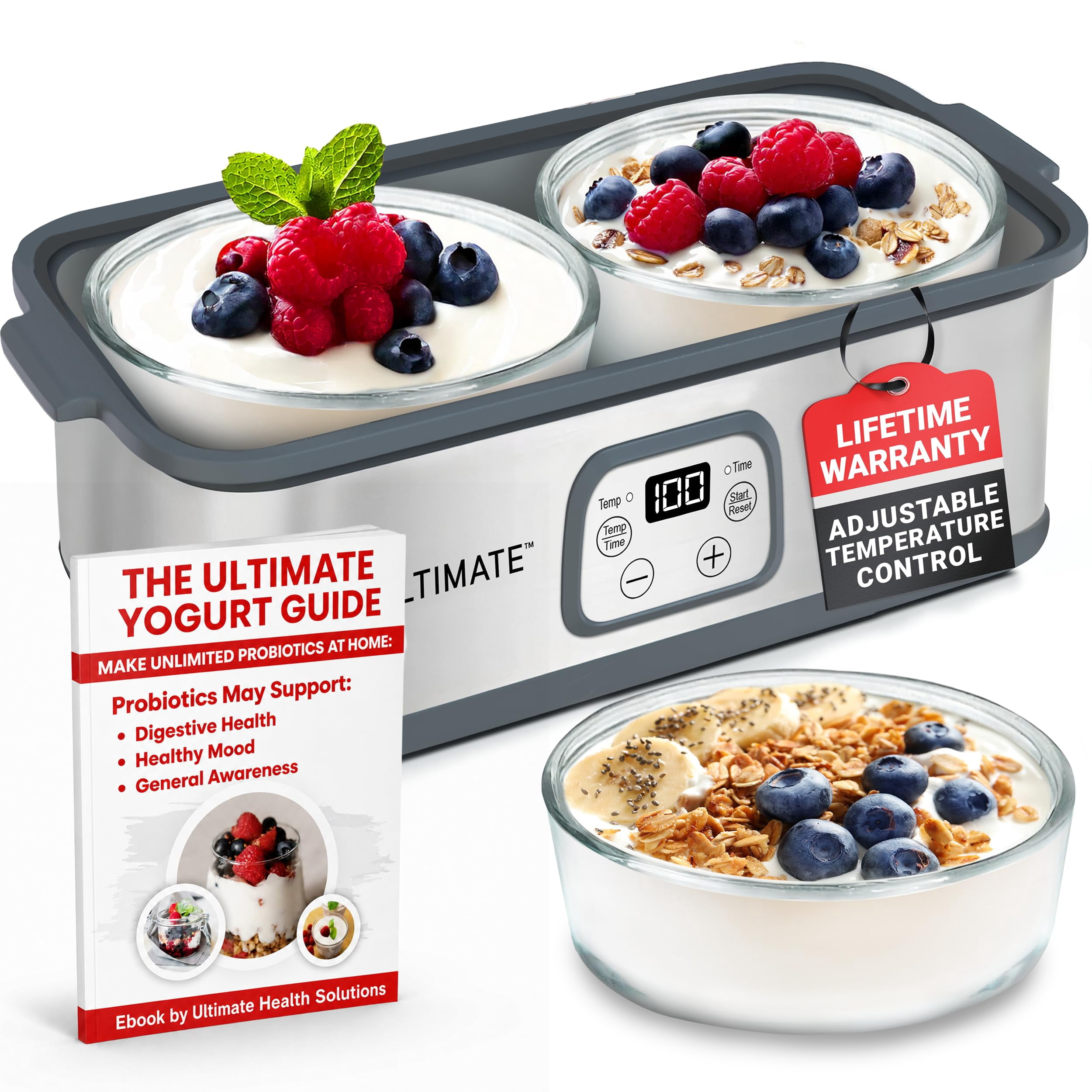 Ultimate Probiotic Yogurt Maker with Adjustable Temp & Time, 2 1-Quart ...