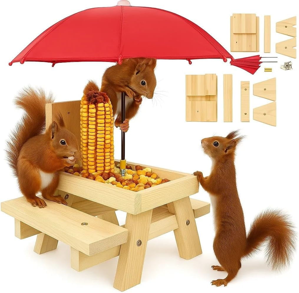 Ultimate Squirrel Feeder Picnic Table with Tall Umbrella, Wooden ...