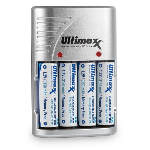 Ultimaxx 4x Rechargeable 3150mAh AA NiMH Batteries, High Capacity ...