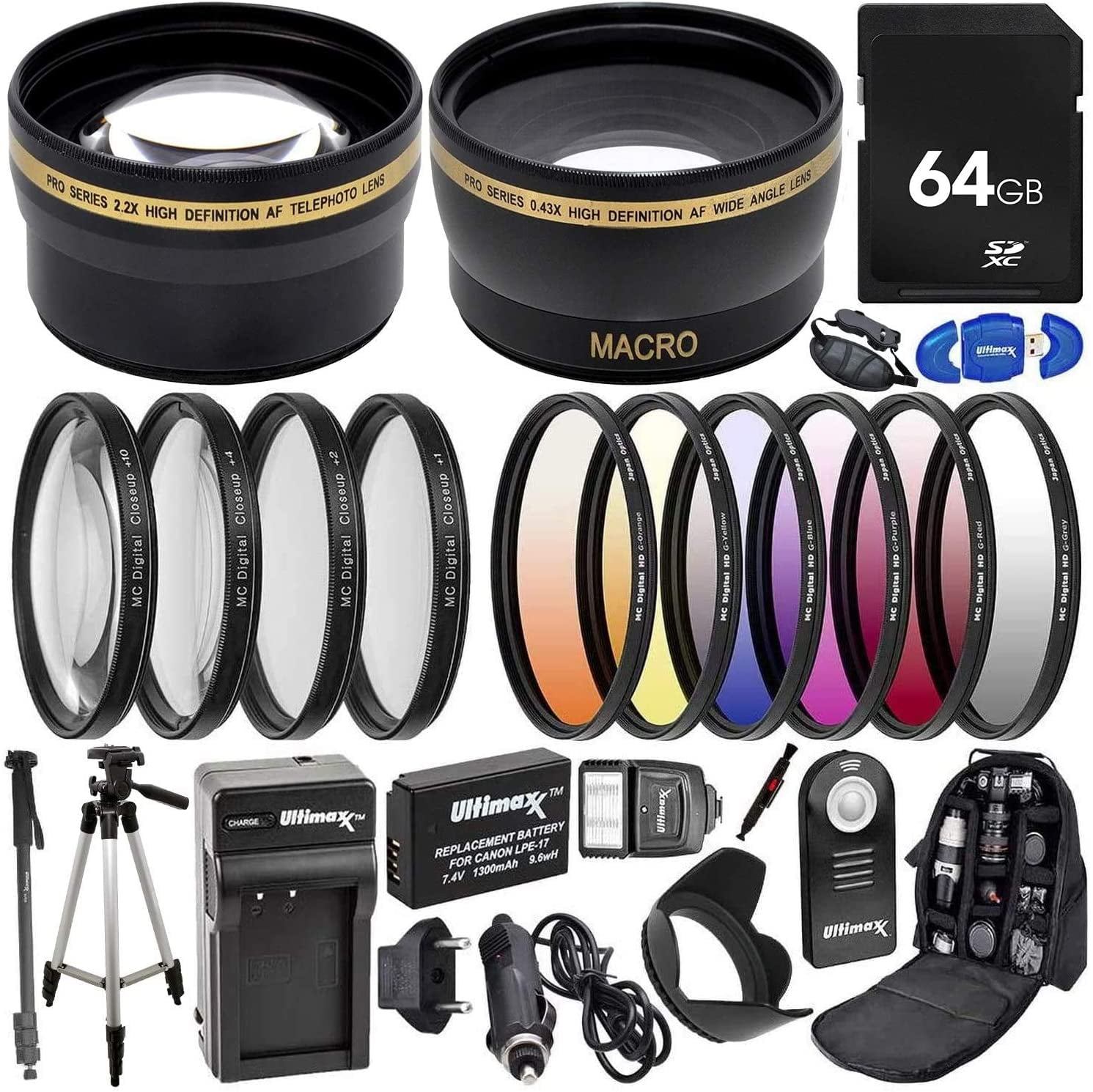 Ultimaxx 58MM Accessory Kit for Canon EOS Rebel T7i, T6i, T6s, SL2, SL3, 77D, 750D, 760D, 800D ...