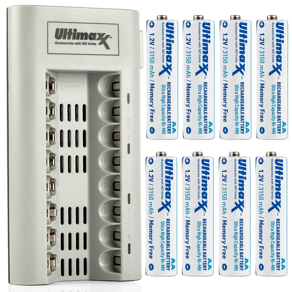 Ultimaxx 8 Bay AA & AAA Battery Charger with Two 4 Packs of AA ...