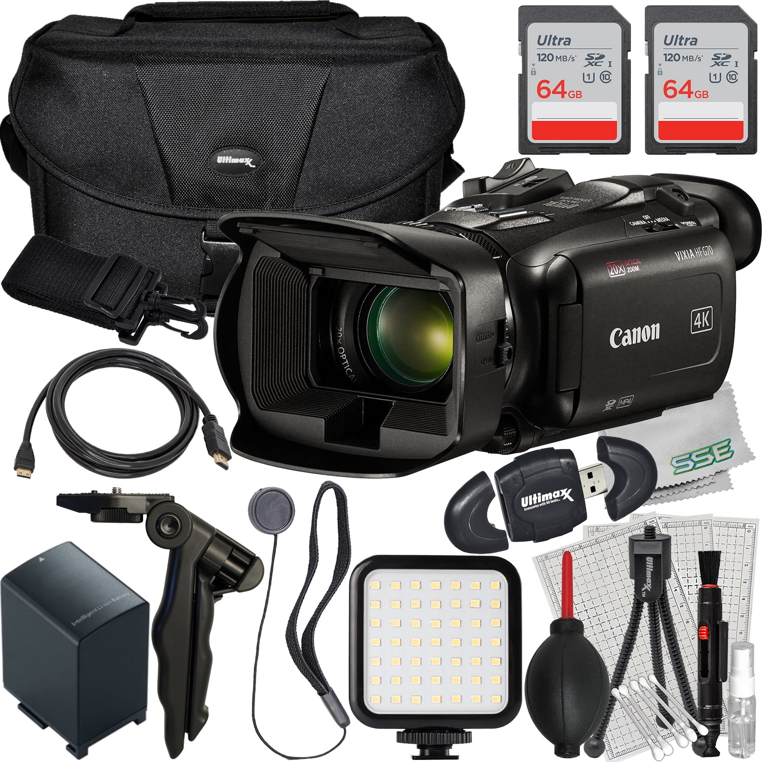 Ultimaxx Canon G70 4K Camcorder Bundle: 2x 64GB Cards, LED Light Kit, 6 ...