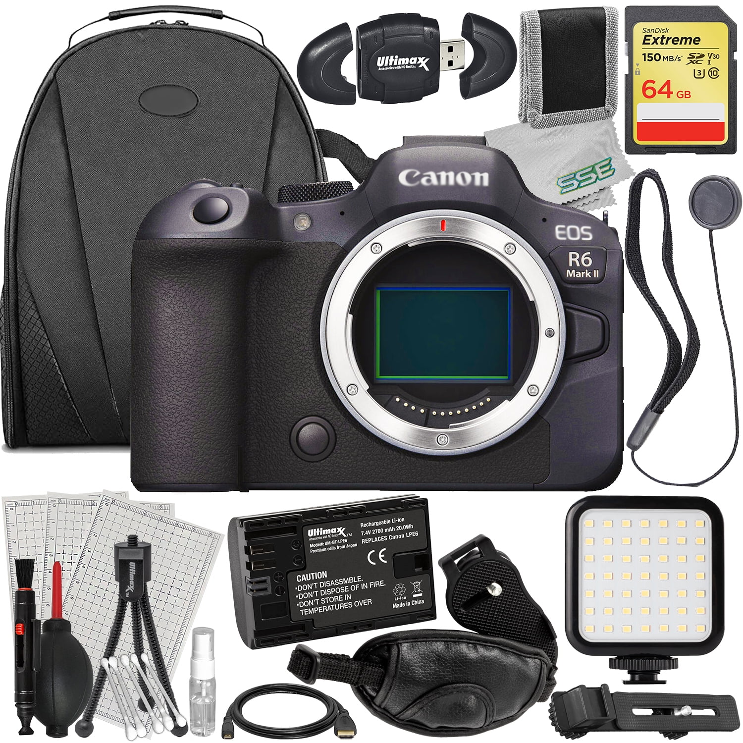 Ultimaxx Canon R6 II Bundle: Camera Body, 64GB Card, Battery, LED Light ...