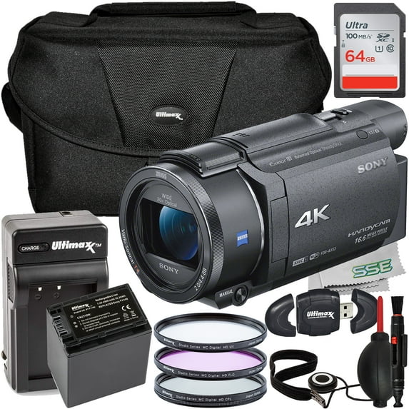 Ultimaxx Sony FDR-AX53 4K Handycam, 64GB Card, Battery, 3PC Filter Kit ...