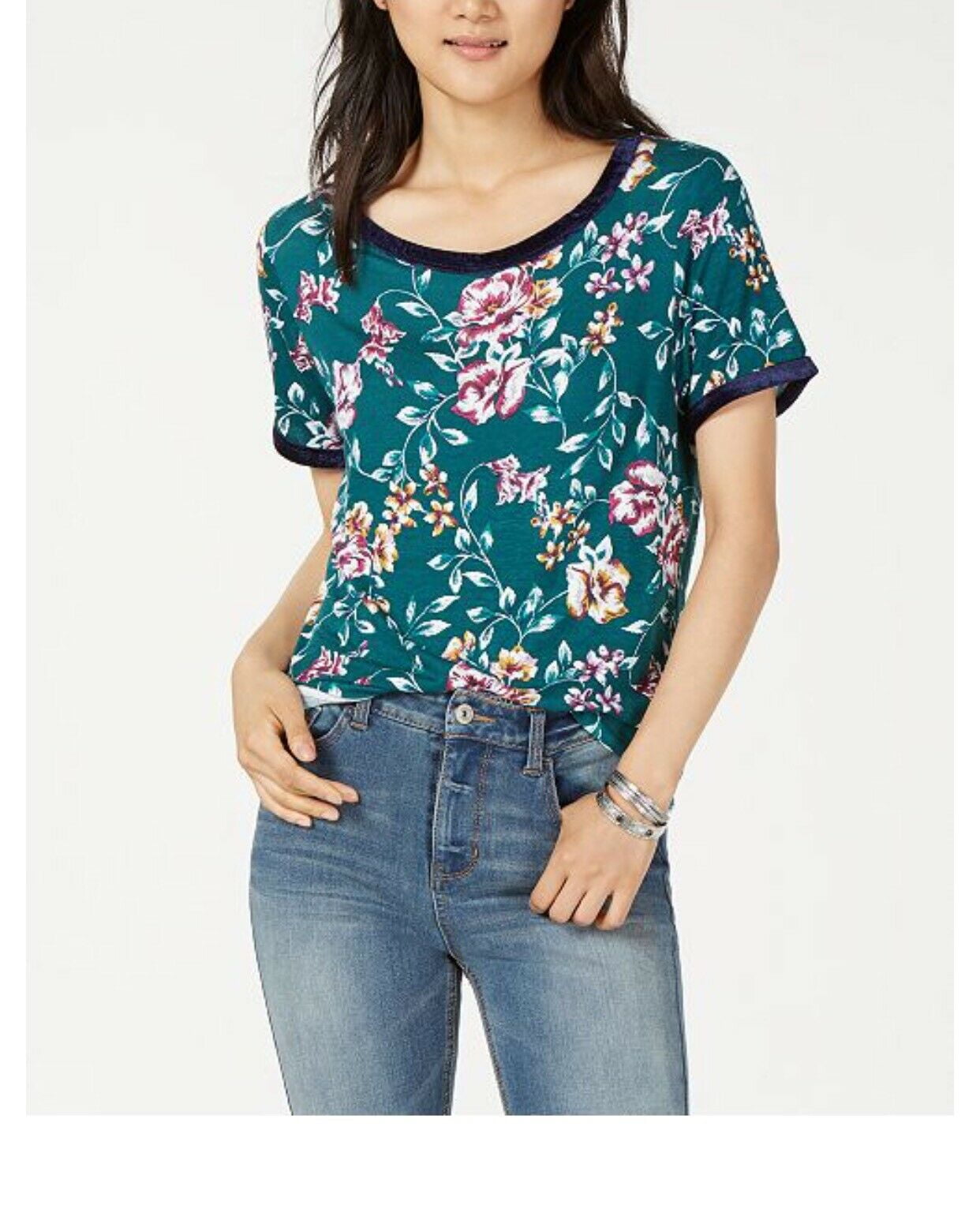 Ultra Flirt Juniors' Velvet Trim Ringer Top, Forest Floral Medium - NEW ...
