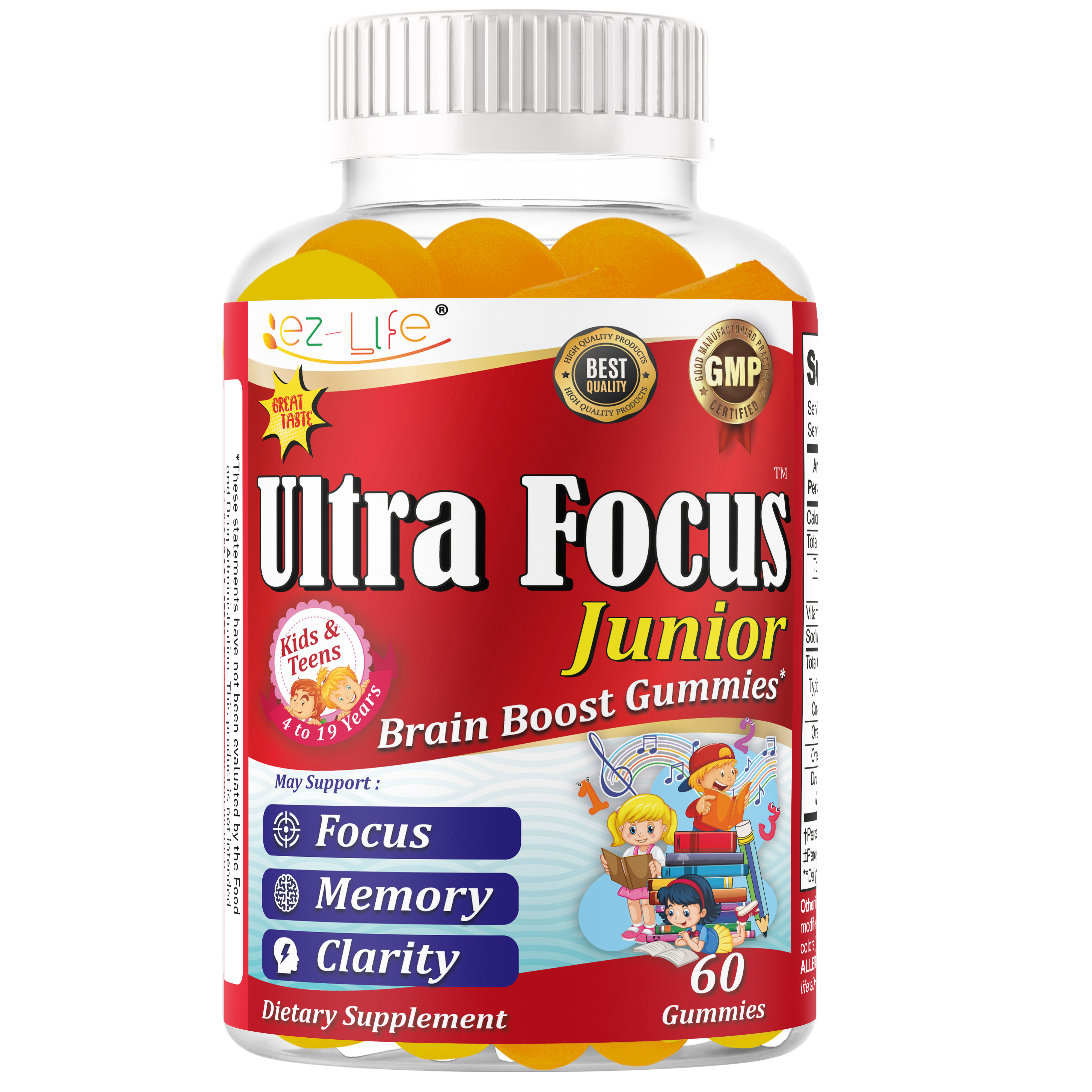 Ultra Focus Junior Brain Focus Supplements for Kids & Teens, Gummy ...