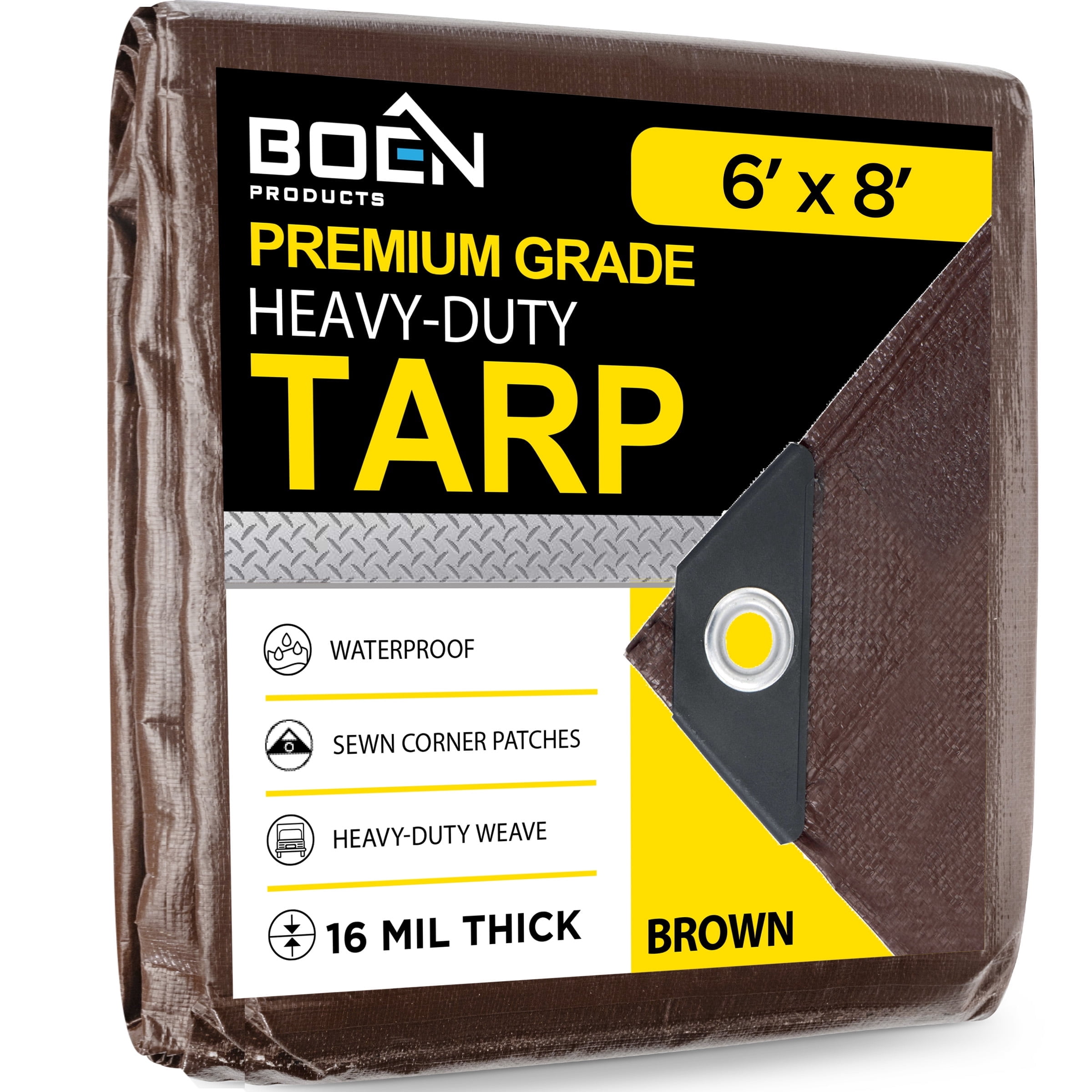 Boen Brown Ultra Heavy Duty Tarp 6 ft x 8 ft, 16 Mil Thick, Rust-Proof ...