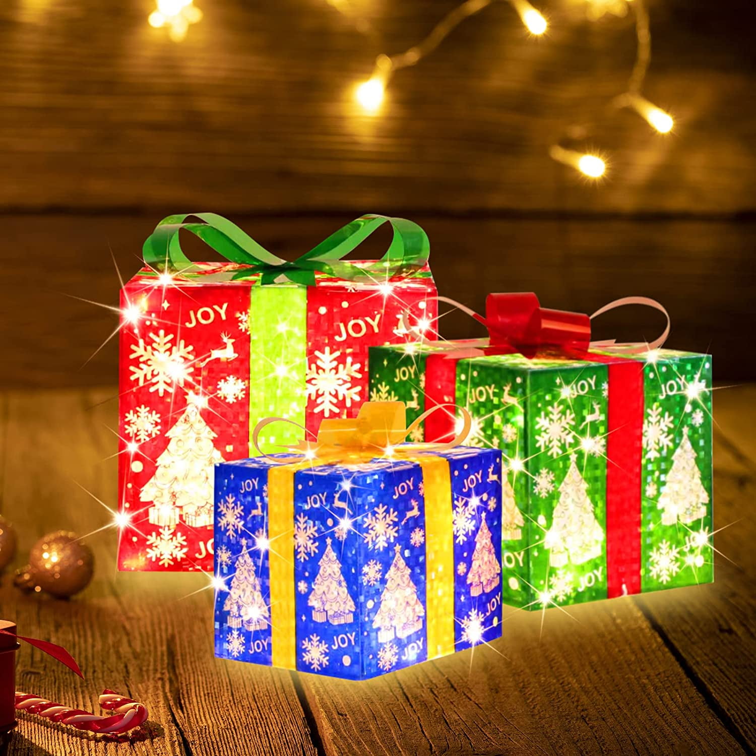 [Ultra-Large 15.5"x13.5"x11" Christmas Set of 3 Lighted Rattan Gift ...