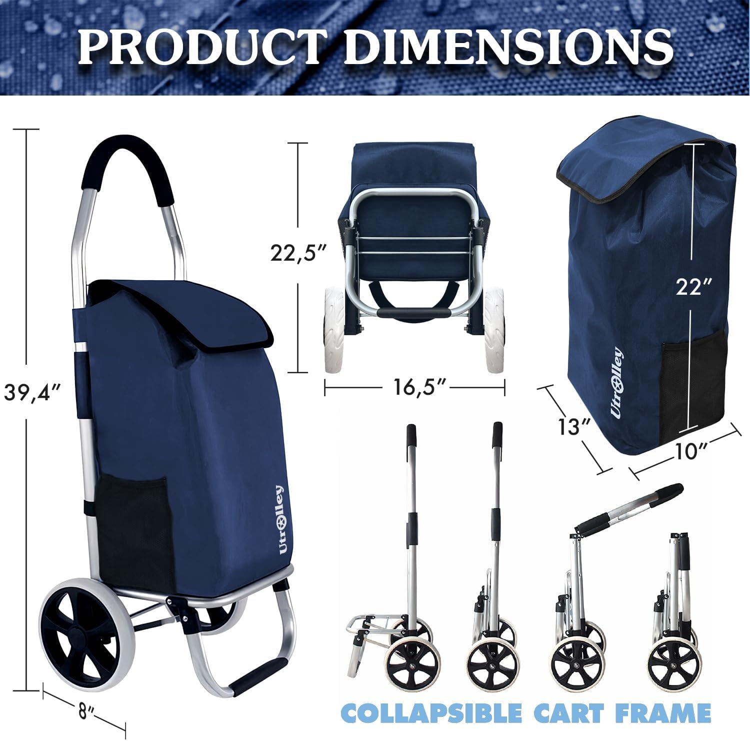Ultra-Lightweight Foldable Grocery Cart with 40L Capacity, Soft Rolling ...