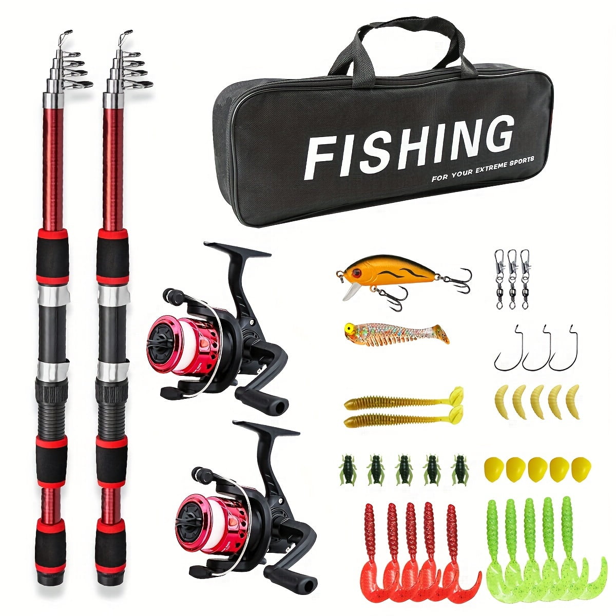 Ultra-Lightweight Red Fishing Rod & Reel Combo Set - 2 Telescopic Rods ...